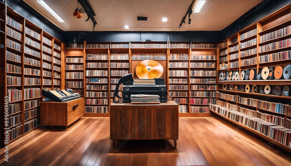 a nostalgic lofi-style record store interior with shelves of vintage ...