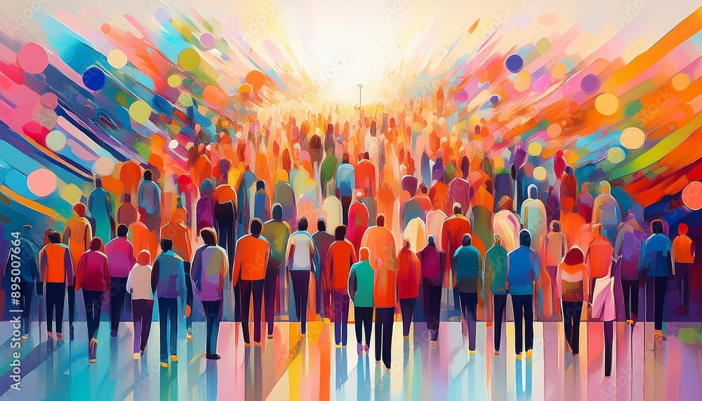 A vibrant, densely packed abstract painting of a crowd of people in a ...