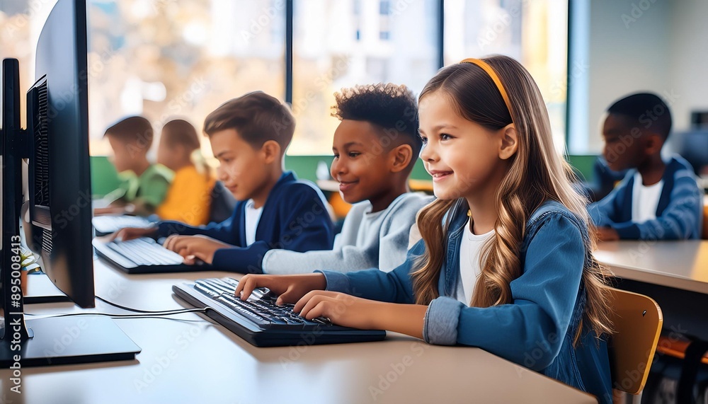 Children of different backgrounds learning computer skills together in ...