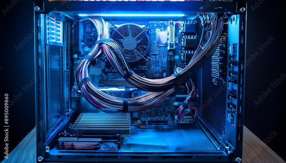 Illuminated interior of a modern computer case showcasing hardware ...