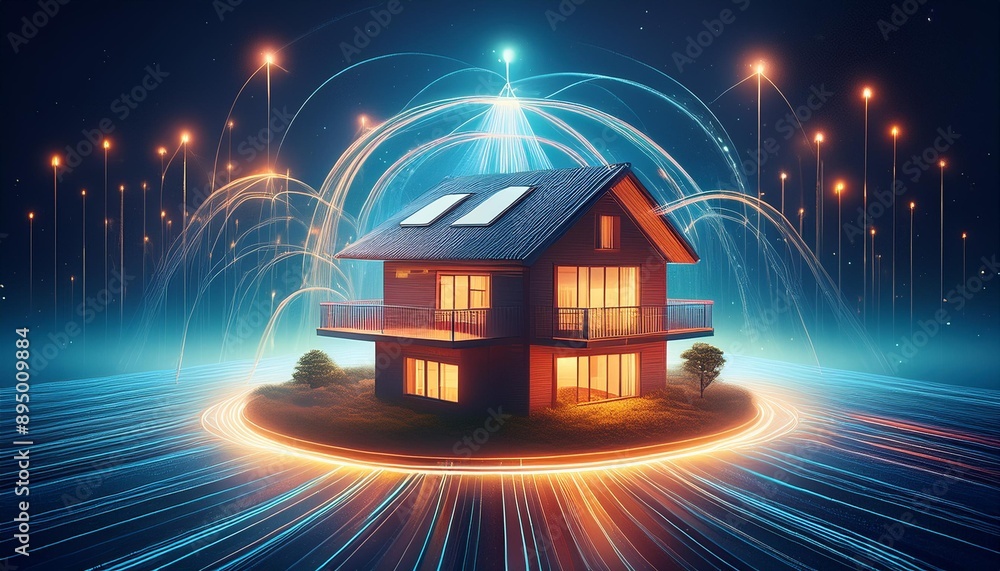 High speed home internet connection wifi concept. Flying house with ...