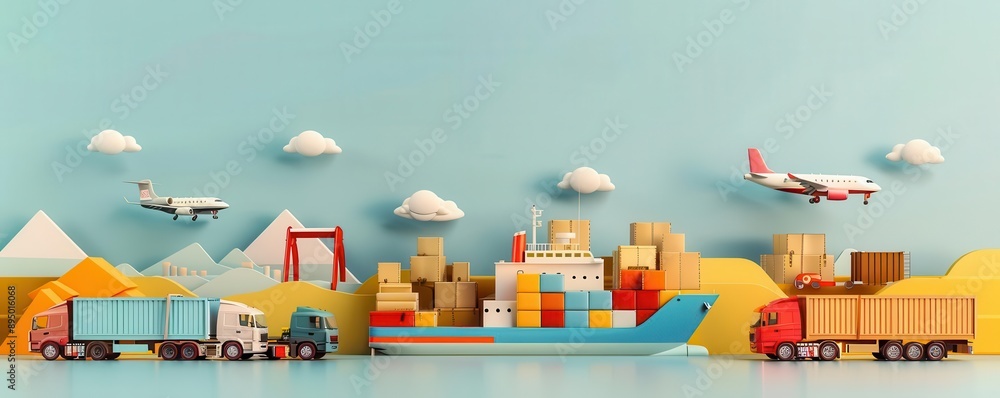 Cargo ships, planes, and trucks in a dynamic composition, showing ...