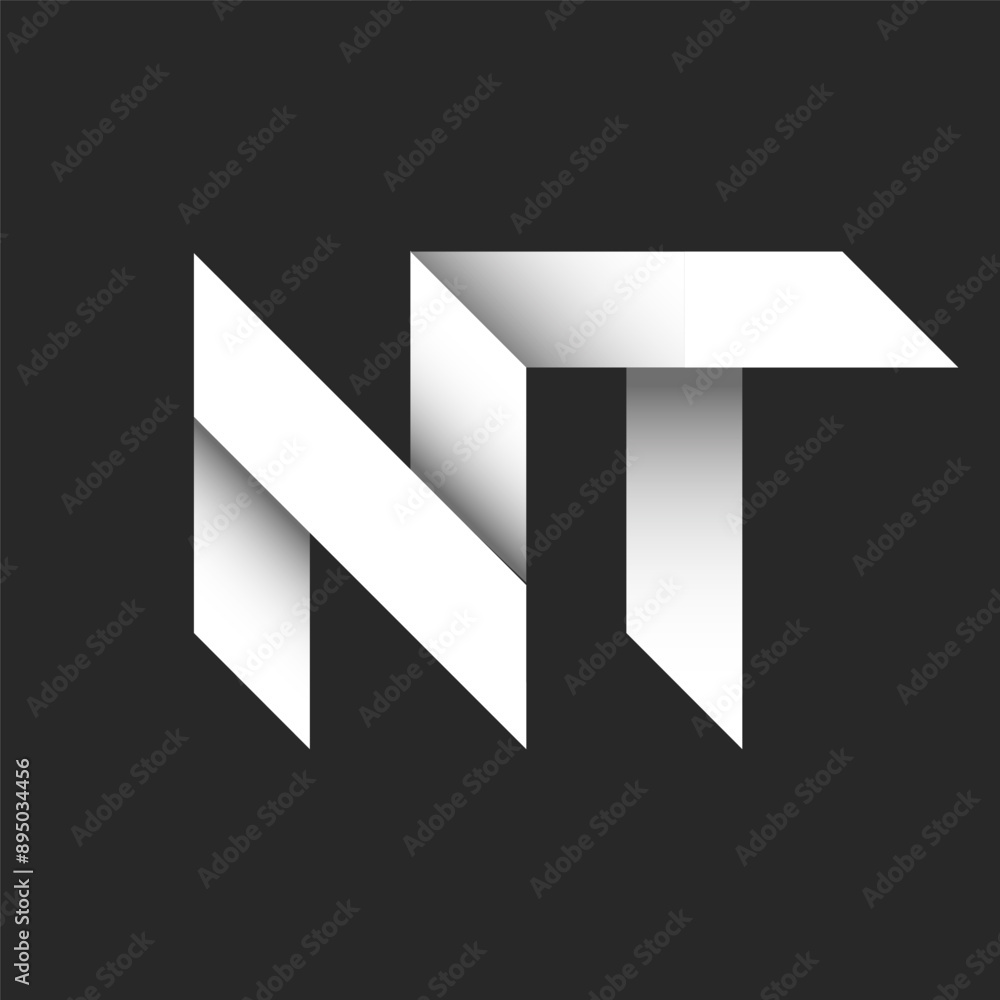 NT or TN letter logo design with 3D folded paper effect in black and ...