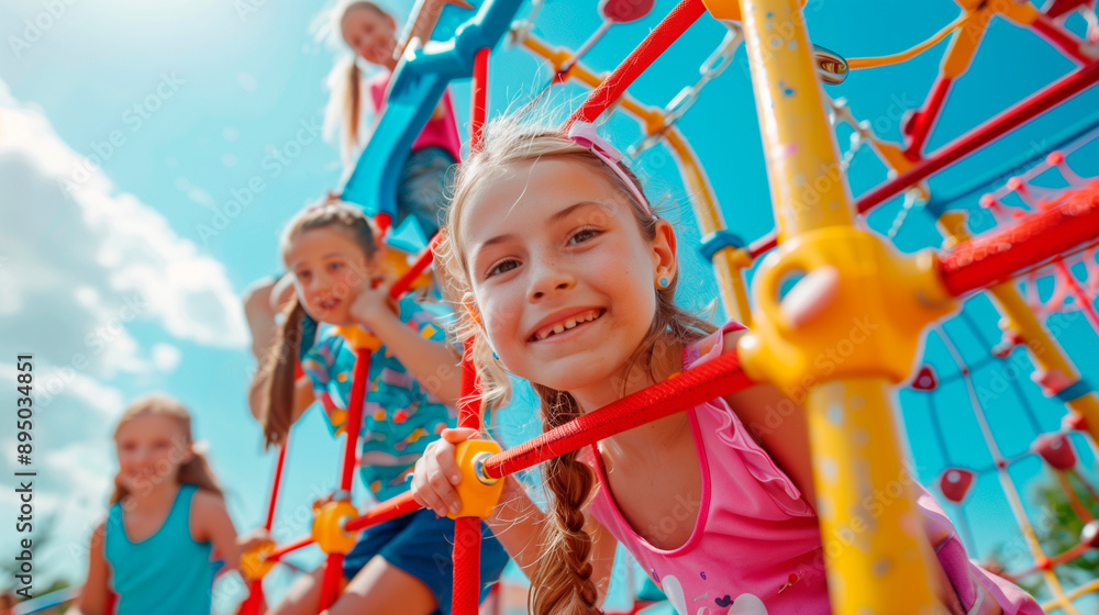 children collaborating on a playground, helping each other on the ...
