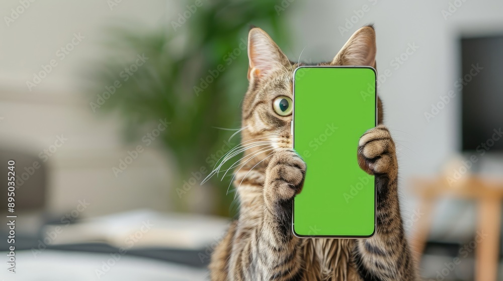 Cat portrait paw holding chroma key phone, touching, clicking, tapping ...