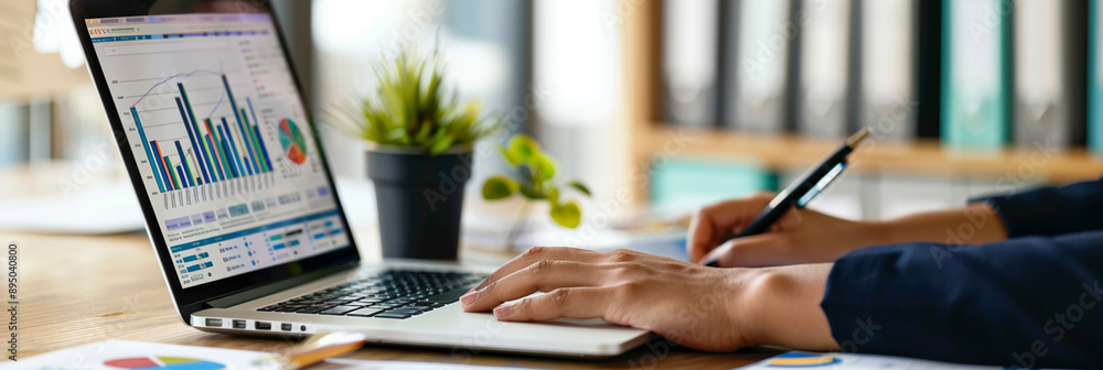 Foto de Financial analyst updates budget charts on laptop while typing ...