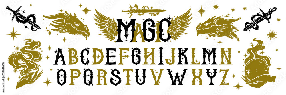 Magic alphabet linocut print, vector fantasy font, fairy tale mystic ...