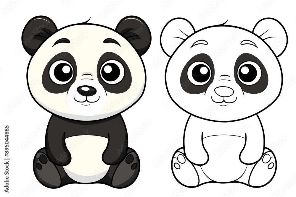 Cartoon animals, funny drawn panda with contour lines isolated on a ...