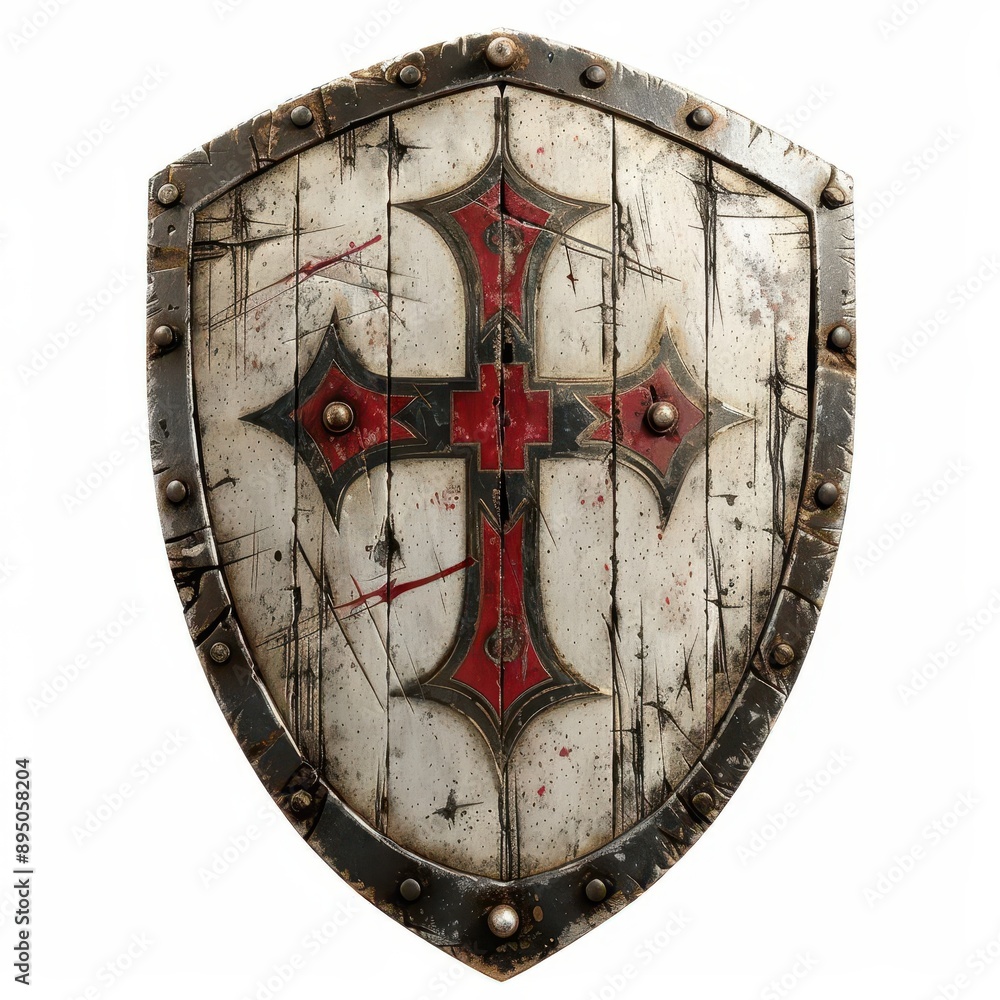 Medieval knight shield with red cross emblem, vintage and weathered ...