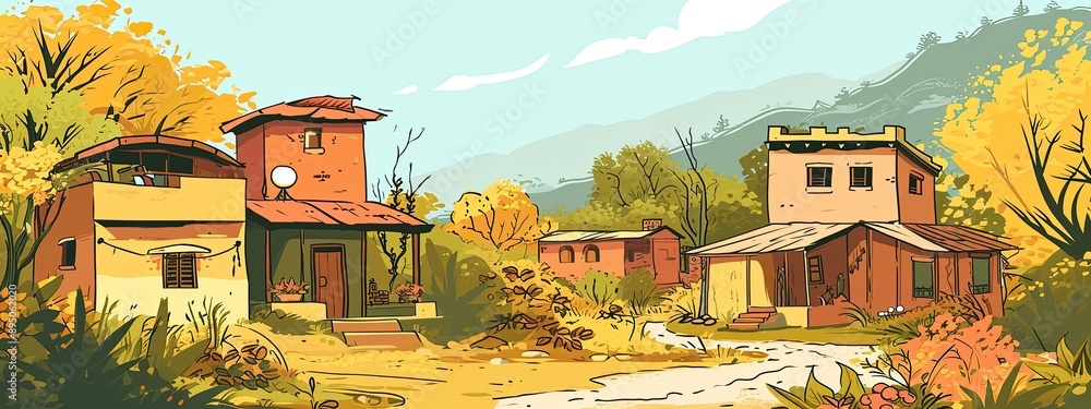 old-style living in an Indian village set in a rural area, cartoon ...