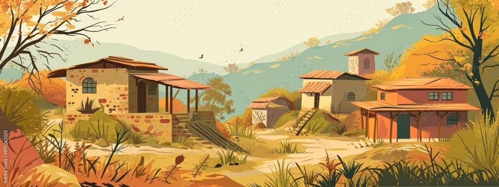 old-style living in an Indian village set in a rural area, cartoon ...