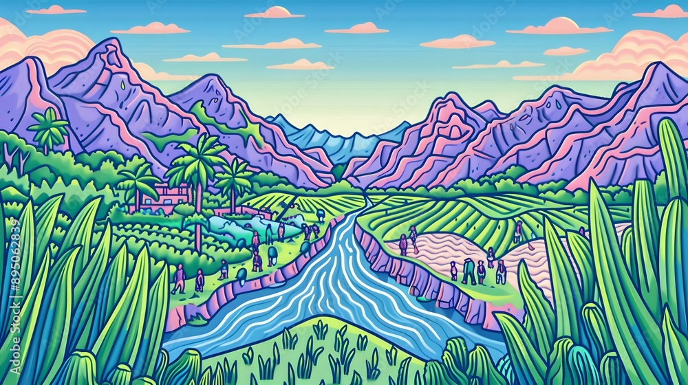 Split World: Divide the illustration in half. One side depicts a lush ...