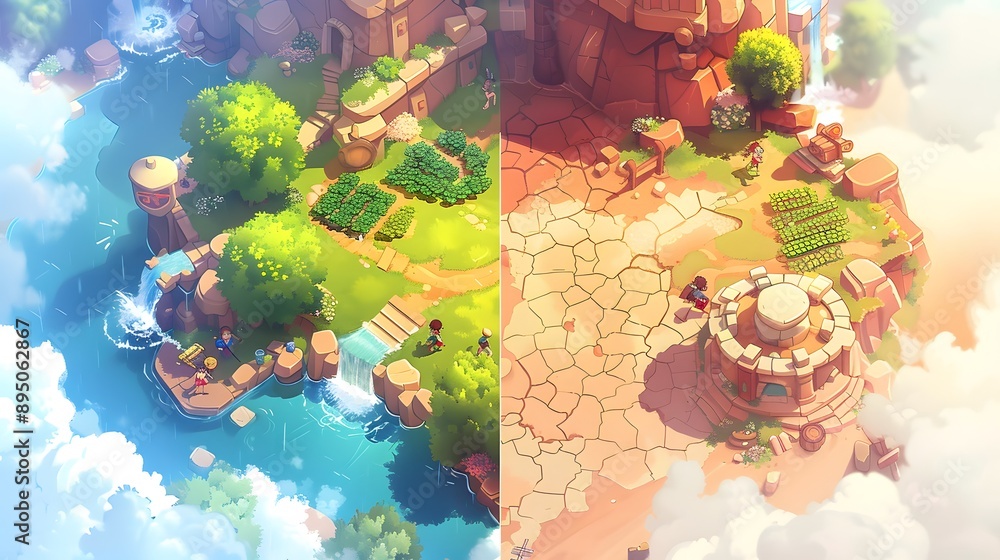 Split World: Divide the illustration in half. One side depicts a lush ...