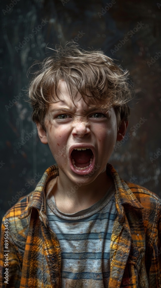 The picture depicts an irascible white boy displaying intense anger ...