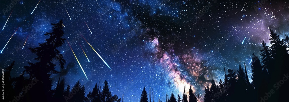 Wide banner Starry night sky with prolific meteor shower streaking ...