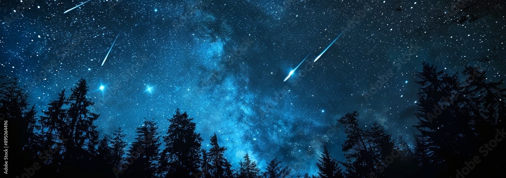 Wide banner bright night sky with prolific meteor shower streaking ...