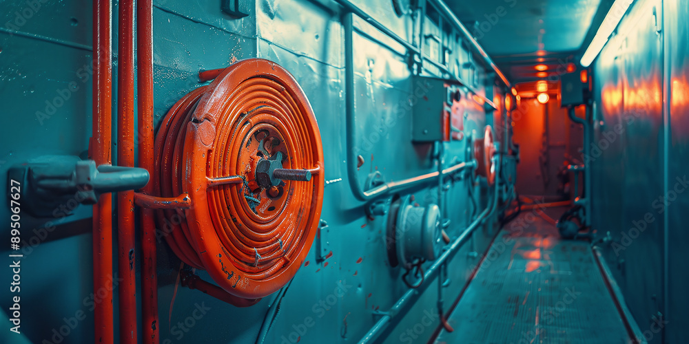 An orange fire hose reel was attached to a blue wall on an old ...
