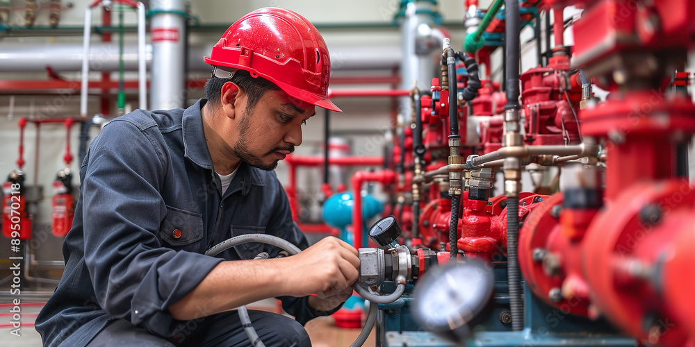 An engineer or technician is working checking the fire suppression ...