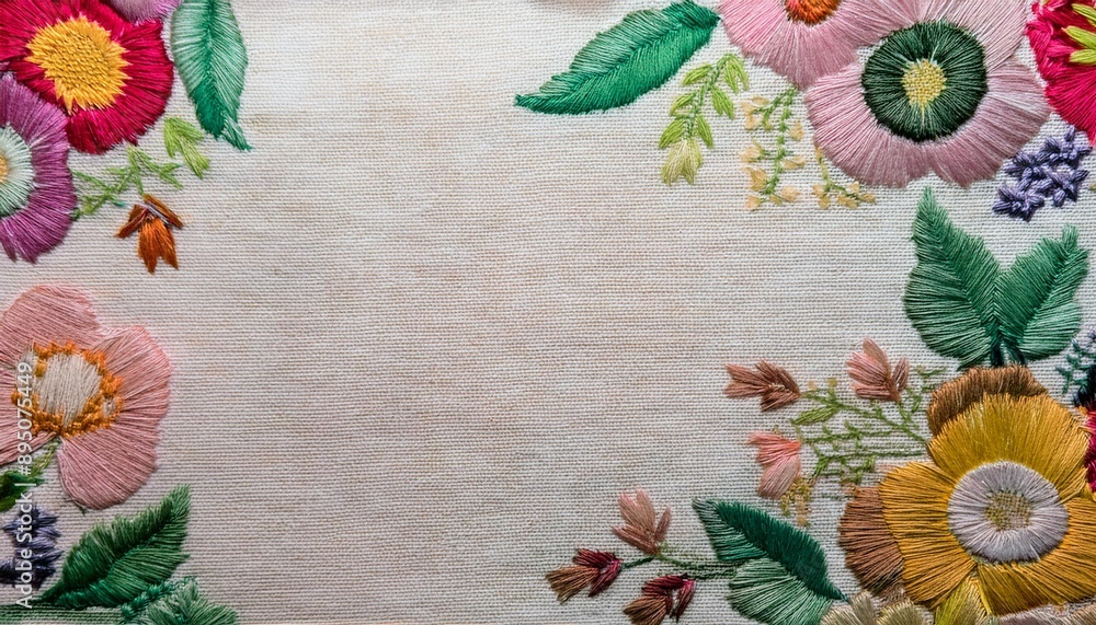 Vibrant embroidery with colorful floral patterns framing a light fabric ...
