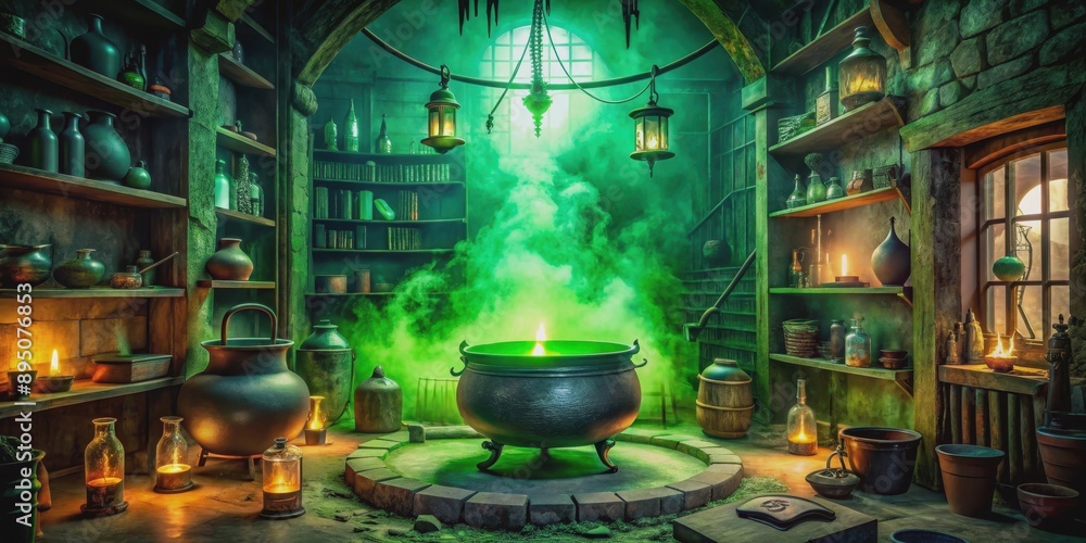 Spooky witch's potion room with bubbling cauldrons, spell books, and ...