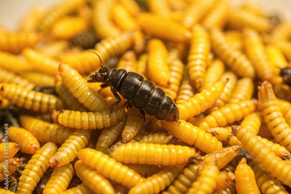 Close Up Of A Black Soldier Fly Larva Among A Cluster Of Yellow Larvae ...