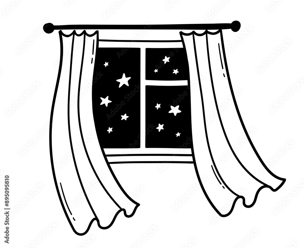 Line art black and white vector illustration of night window with ...