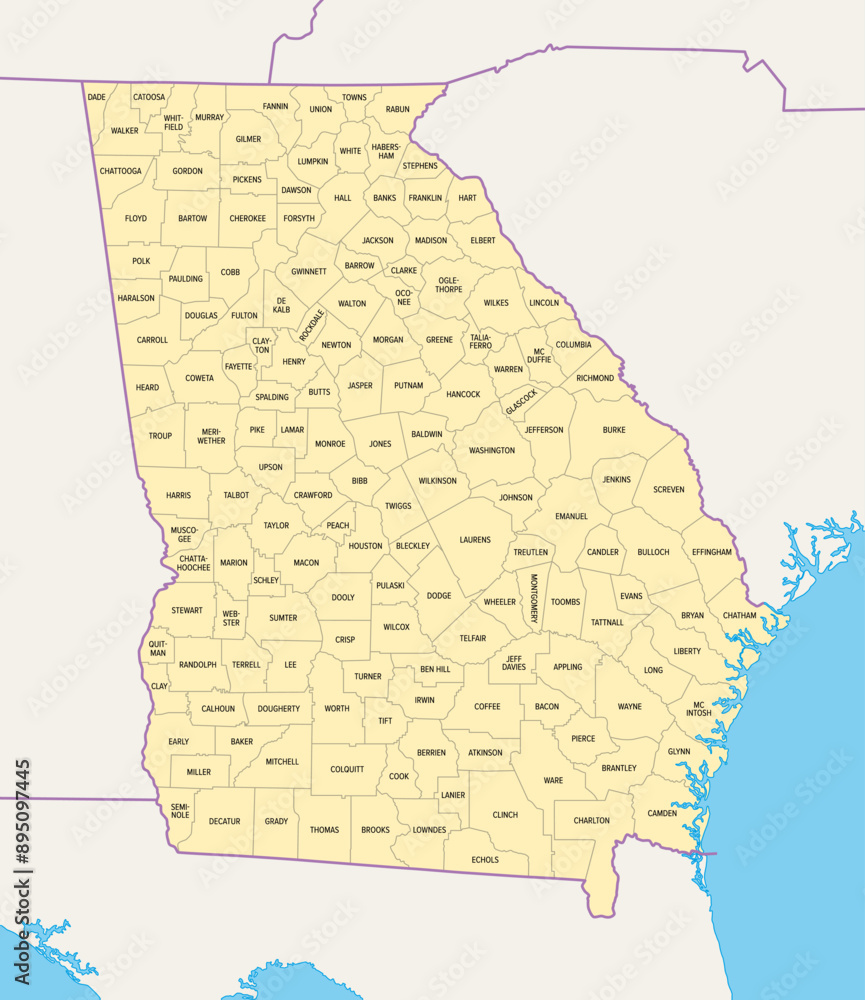 Georgia counties, political map. State in the Southeastern region of ...