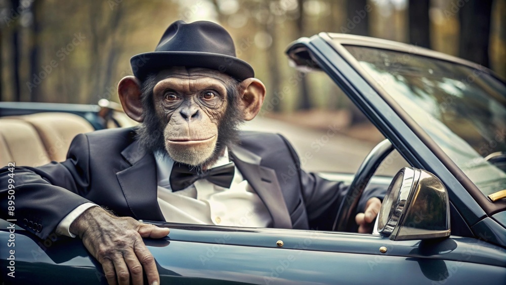 Chimpanzee as a godfather, 70s style, in a car, in a chair, with a ...