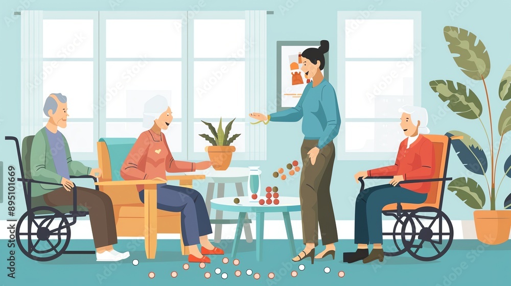 A group of elderly people are sitting in a room, playing a game of ...