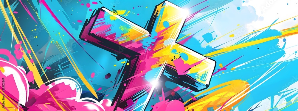 Emotive Easter cross graffiti artwork, viewed from a distance to ...