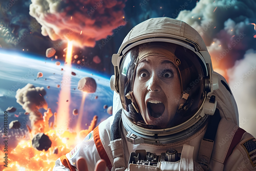 Mushroom explosions in space. Shocked astronaut floating in space suit ...