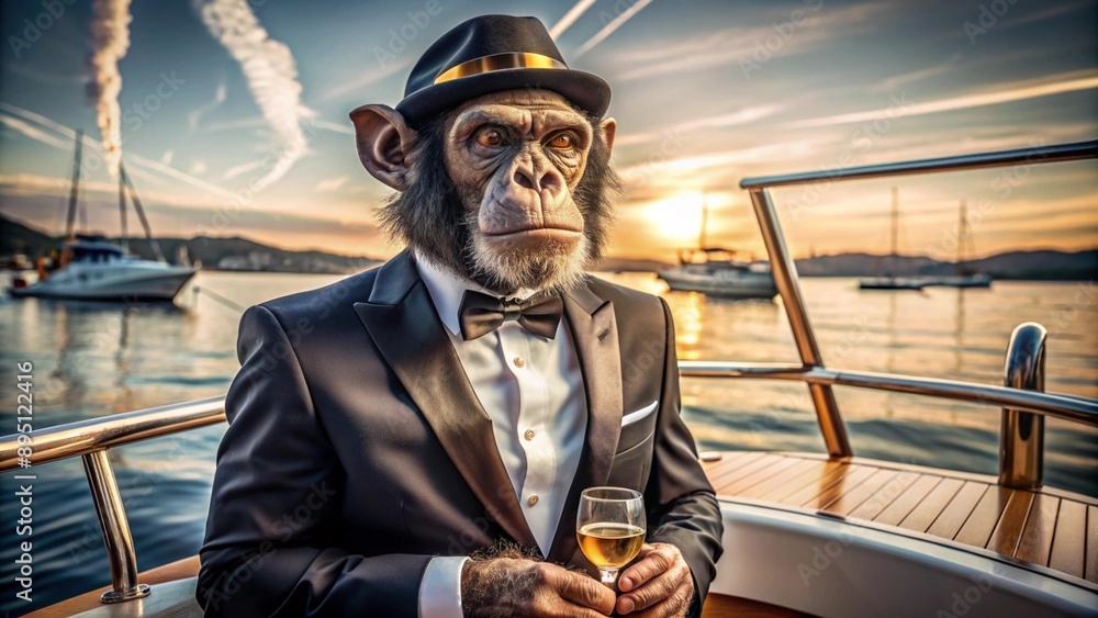Chimpanzee as a godfather, 70s style, in a car, in a chair, with a ...