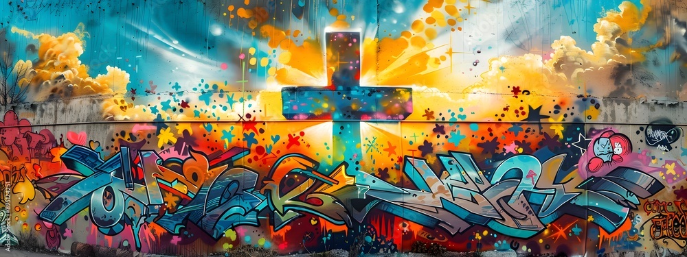 Emotive Easter cross graffiti artwork, viewed from a distance to ...