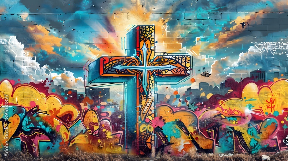 Emotive Easter cross graffiti artwork, viewed from a distance to ...