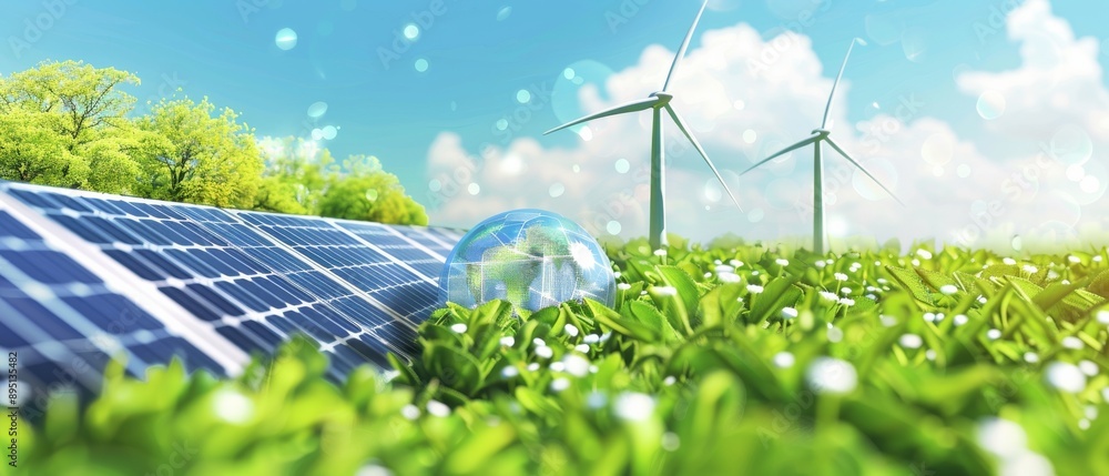 Creating a sustainable future with solar panels and wind turbines set ...