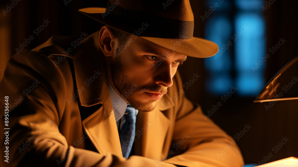 Detective in a trench coat and fedora examining clues on a desk, moody ...