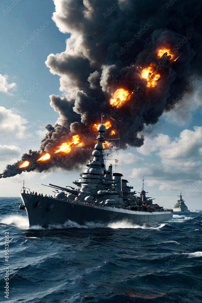 Scene of naval war on open ocean by battleships, fire and intense ...