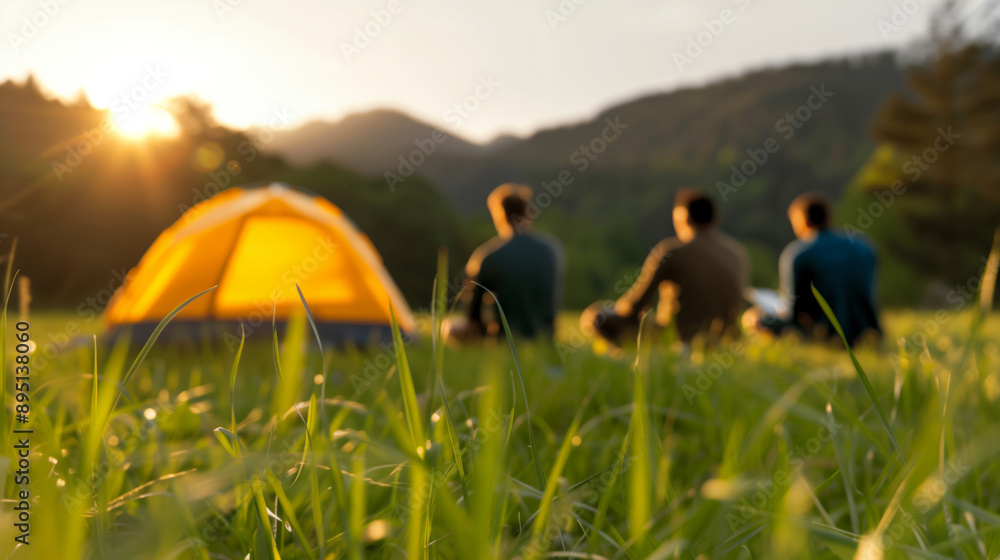 Group of friends camping with eco-friendly gear, biodegradable tents ...