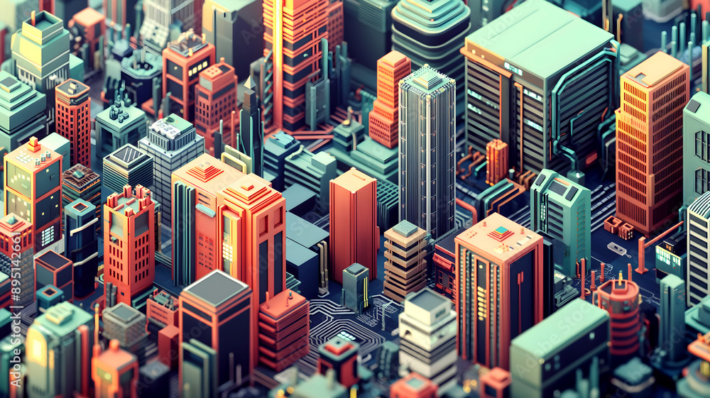3d render of abstract art downtown urban city with high-rise skyscrapers buildings geometry ...