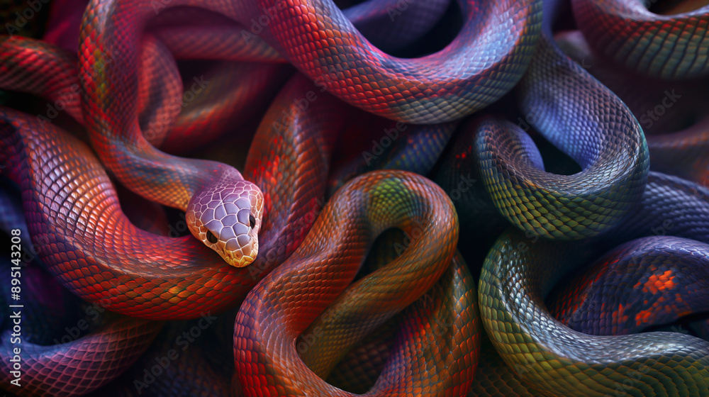 Vibrant Rainbow Snakes Coiled in a Mesmerizing Pattern, Close Up ...