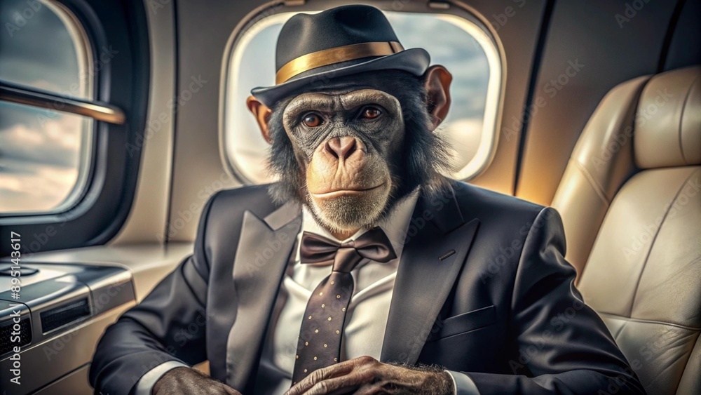 Chimpanzee as a godfather, 70s style, in a car, in a chair, with a ...