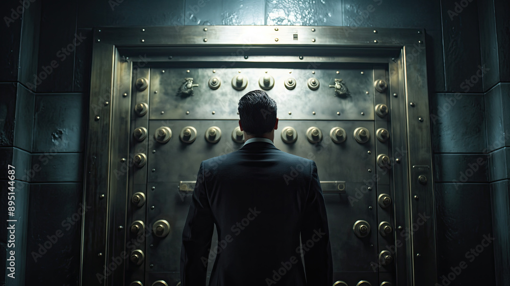 The banker stands in front of the iron door of the vault. Bank vault ...