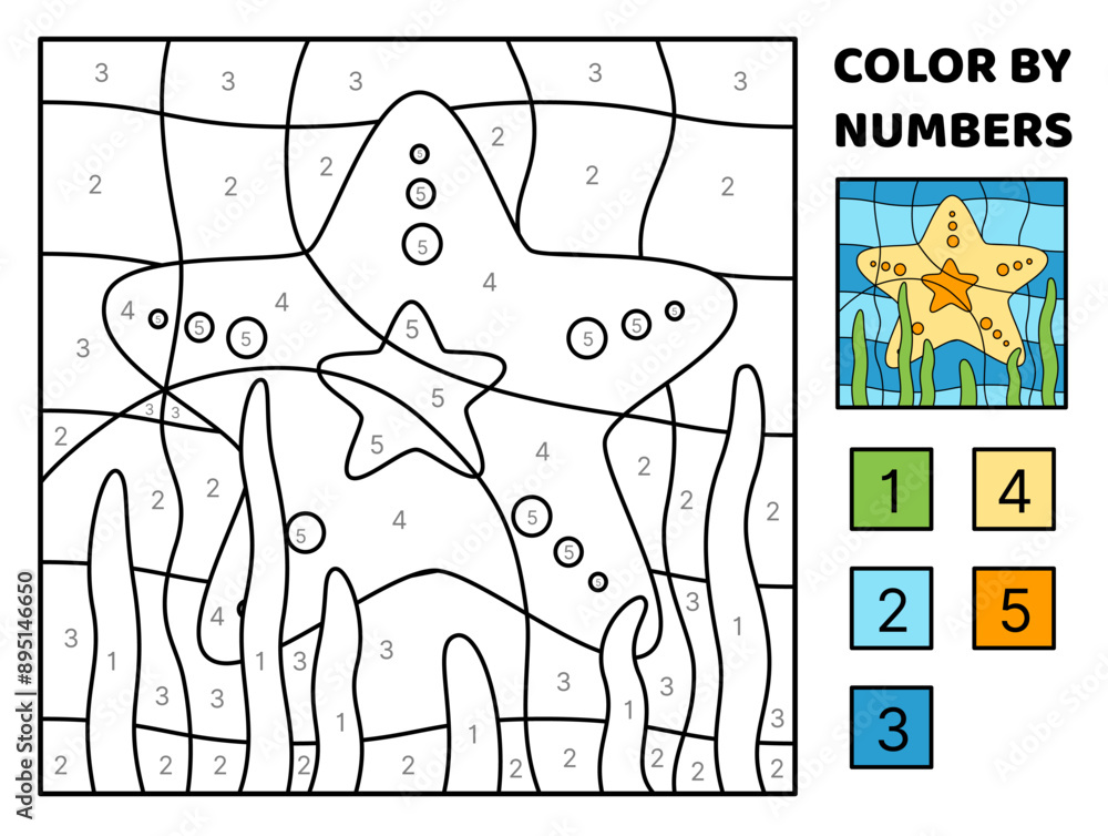 Color by number. Starfish and seaweed under the sea. Coloring page ...