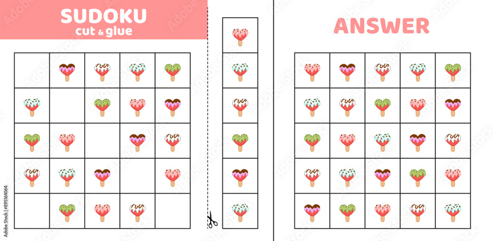 Sudoku with five heart ice creams. Game puzzle for kids. Ice cream. Cut ...