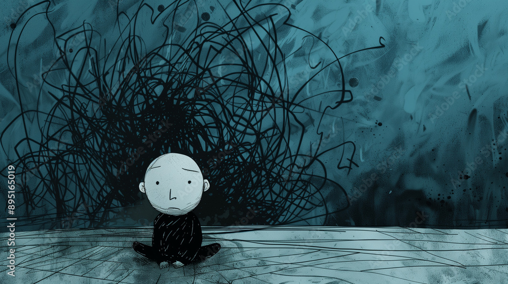doodle of person sitting on the floor, squiggles surrounding them ...