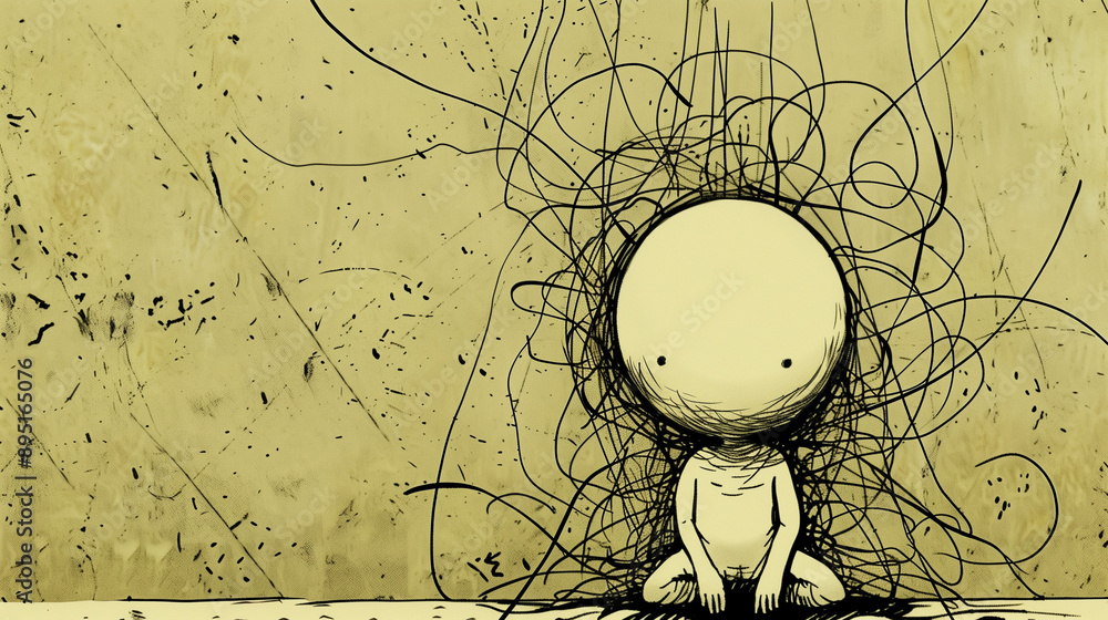 doodle of person sitting on the floor, squiggles surrounding them ...