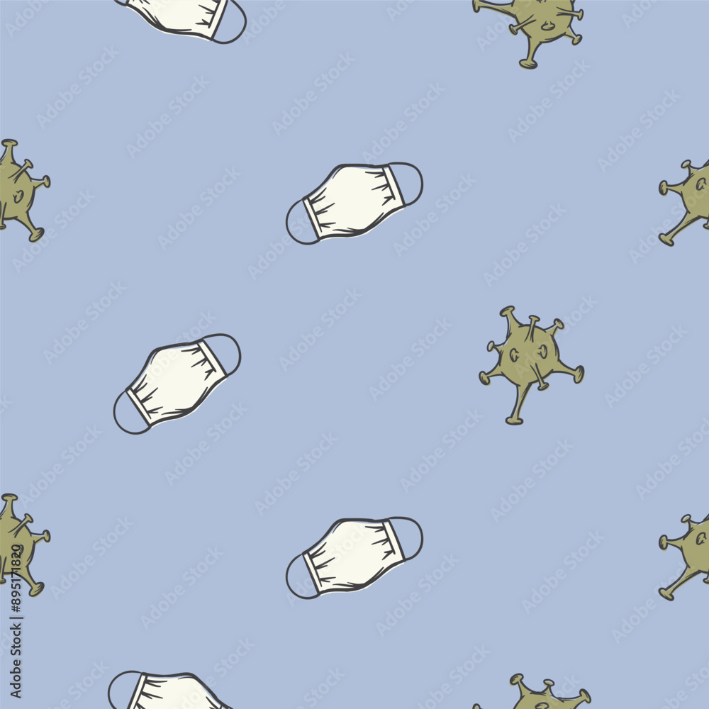 Simple vector seamless pattern with icons of mask, virus, bacteria ...