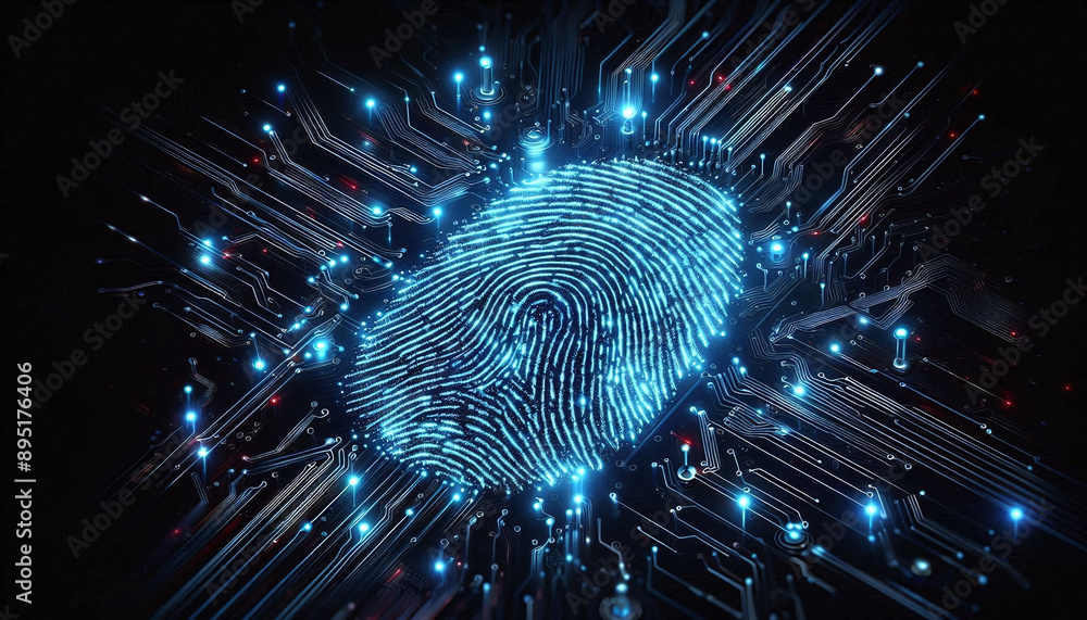 Image of digital finger print scan in blue glowing lights for forensic ...