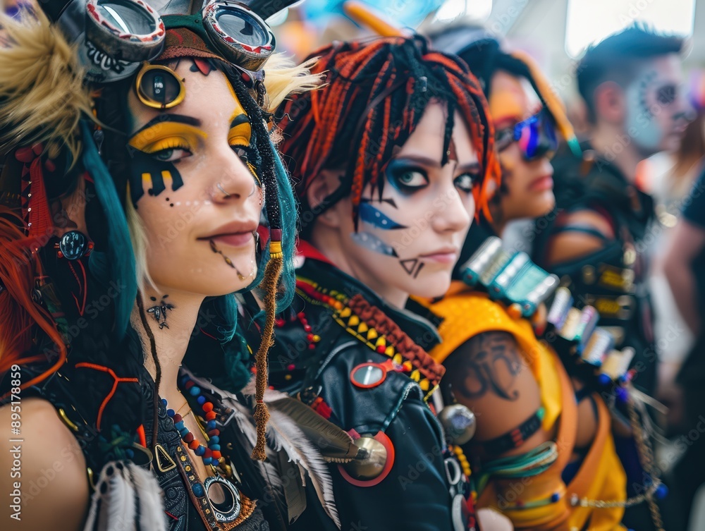 A group of cosplayers at a comic convention dressed in colorful and ...