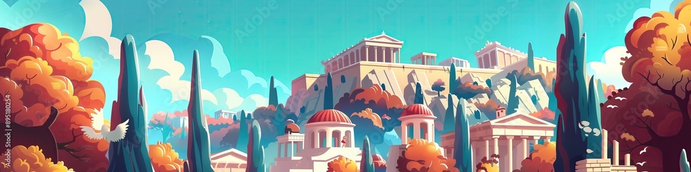 Cartoon Illustration of the Acropolis in Athens, Greece, on a Sunny Day ...